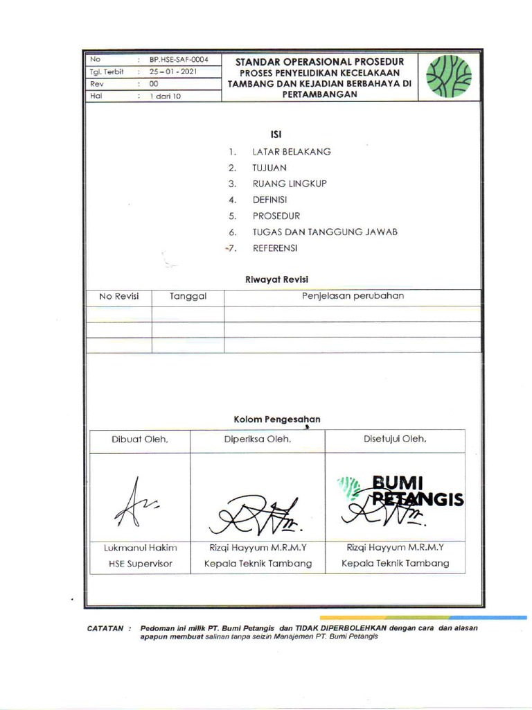 BP - Hse-Saf-Sop-0004 - Sop Proses Penyelidikan Kecelakaan Tambang | PDF