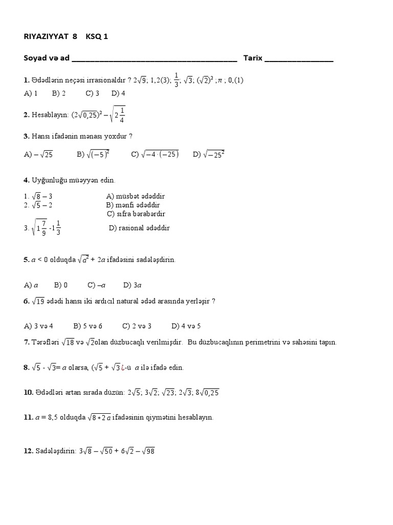 Riyaziyyat 8 KSQ 1 | PDF