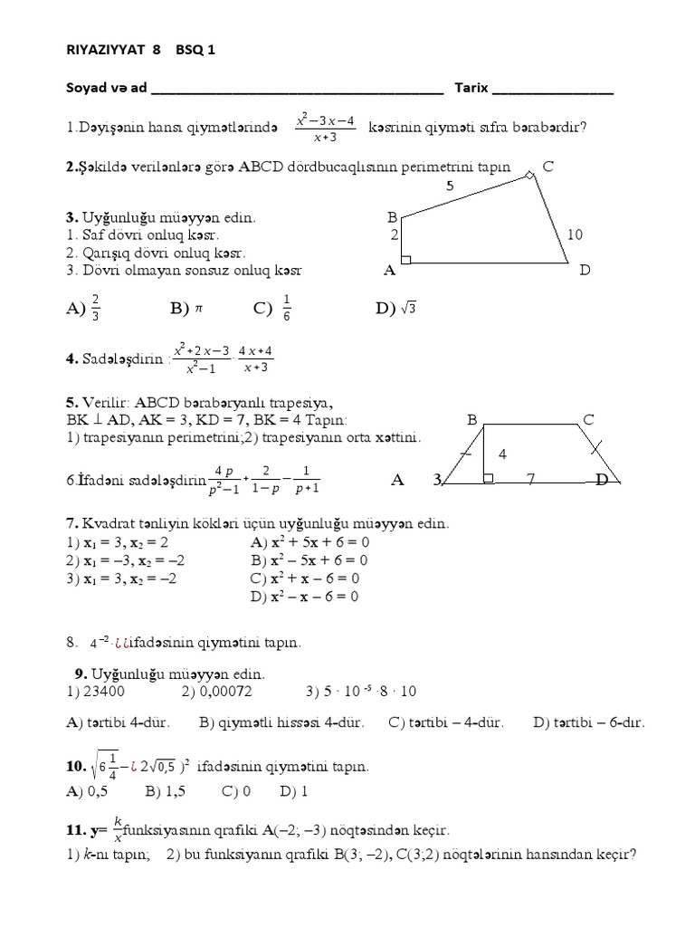 Riyaziyyat 8 BSQ 1 | PDF
