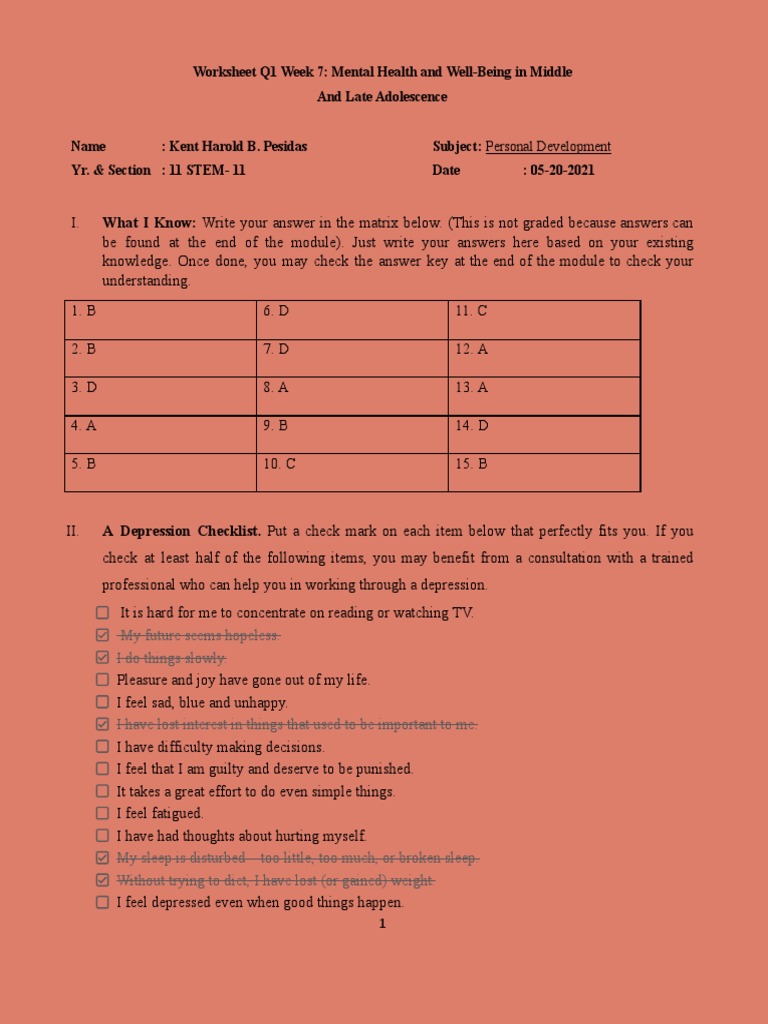 Adolescent Mental Health Worksheet | PDF | Depression (Mood) | Human Nature