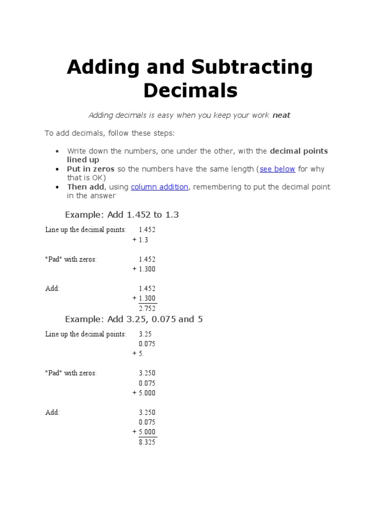 Adding and Subtracting Decimals | PDF | Numbers | Decimal