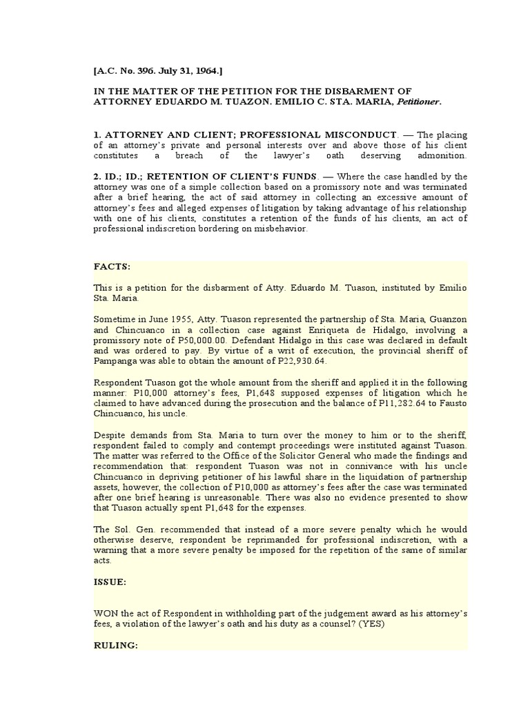 154 - Sta. Maria v. Tuason 11 SCRA 562 | PDF | Lawyer | Attorney's Fee