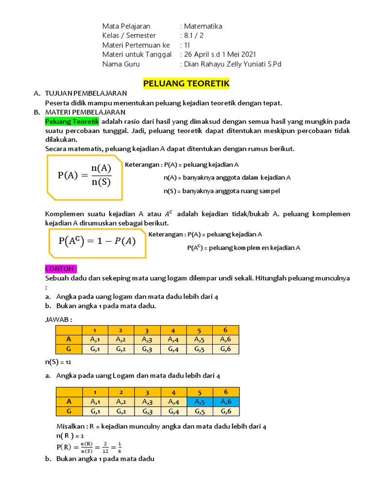 Peluang Teoretik untuk Kelas 8 | PDF