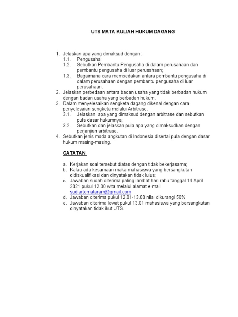 Soal Uts Hukum Dagang 2021 | PDF