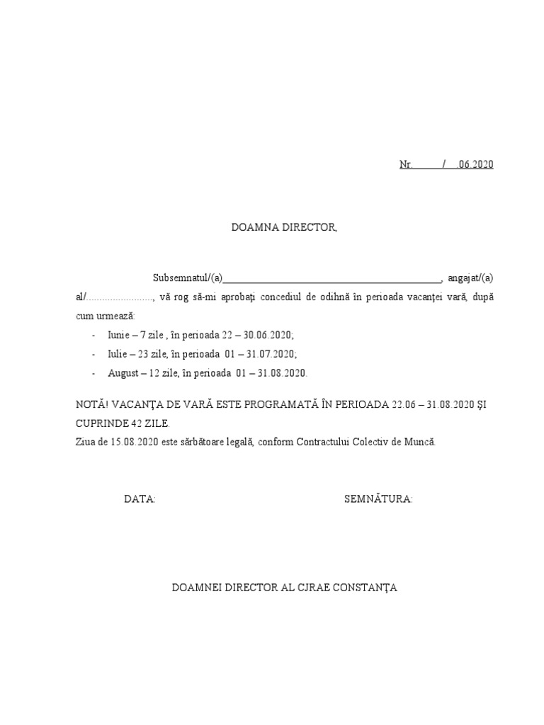 Cerere CO Vacanta Vara 2020 | PDF