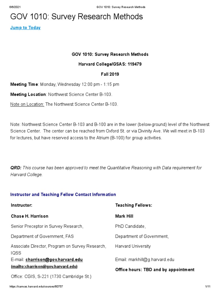 GOV 1010 - Survey Research Methods Syllabus Harvard | PDF | Survey Methodology | Sampling ...