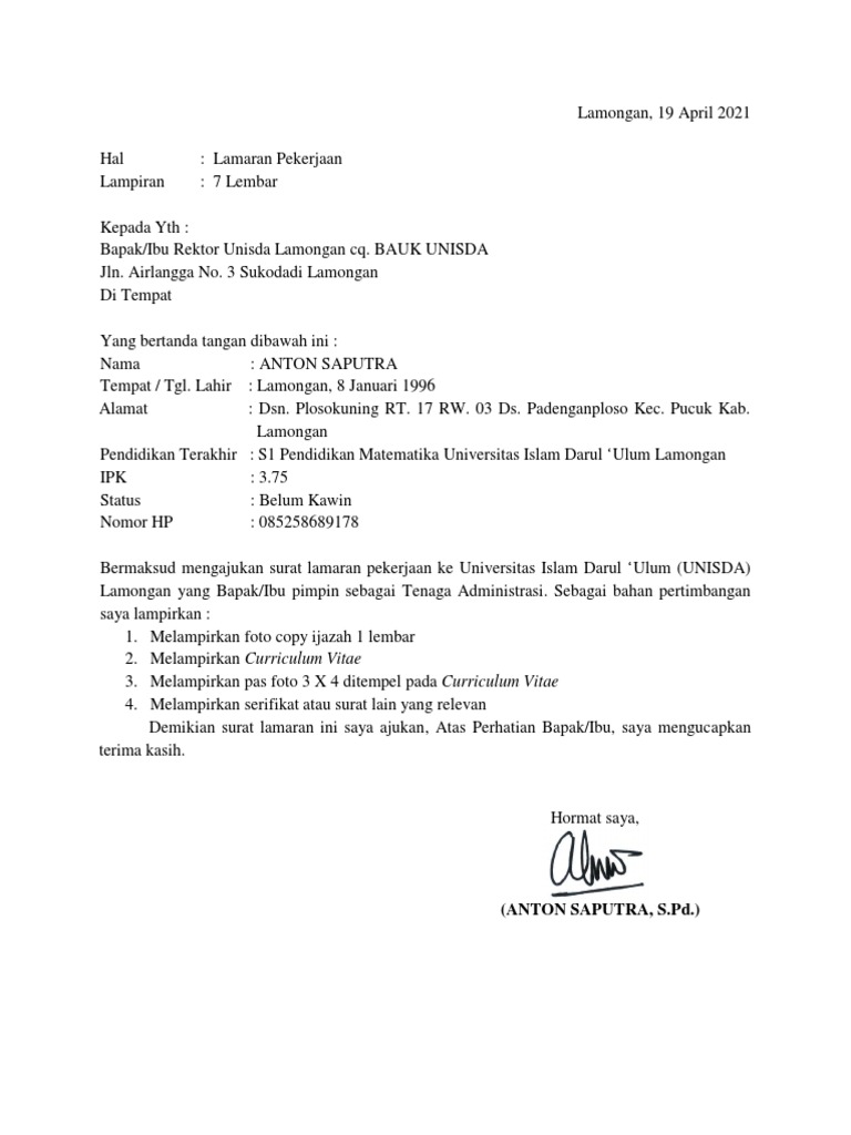 Surat Lamaran Pekerjaan (Anton Saputra) | PDF | Kesehatan Holistik