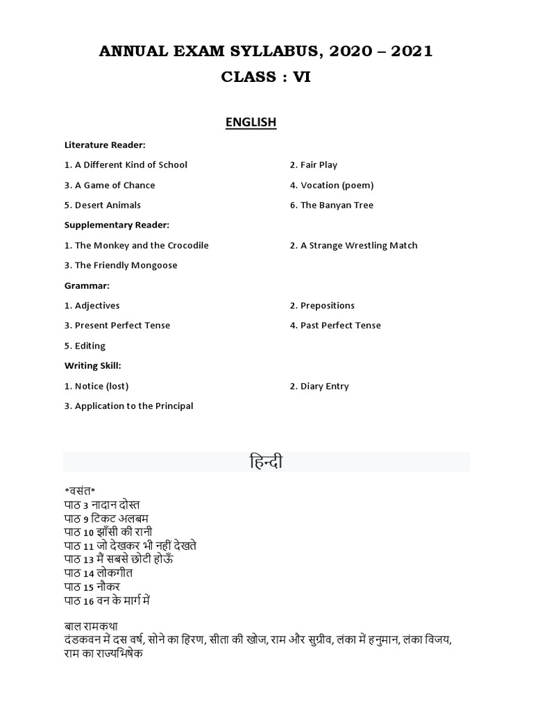 Class 6 Annual Exam Syllabus | PDF