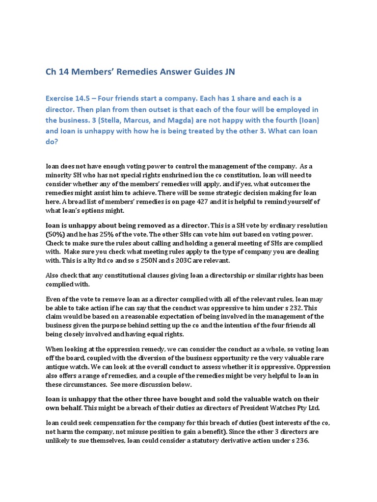 Topic 9 - CH 14 Members' Remedies Answer Guides JN | PDF | Legal Remedy ...