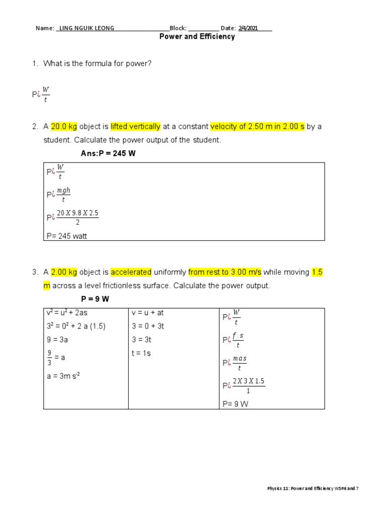 Power and Eff Worksheet | PDF | Velocity | Force