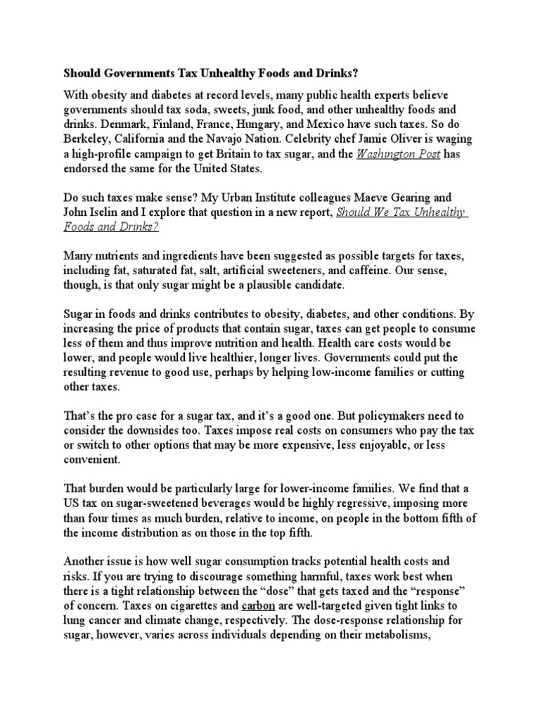 Should Governments Tax Unhealthy Foods and Drinks | PDF | Sugar | Diet ...