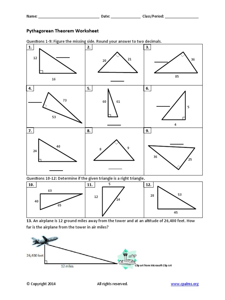 Pythagorean Theorem Worksheet: Questions 1-9: Figure The Missing Side ...