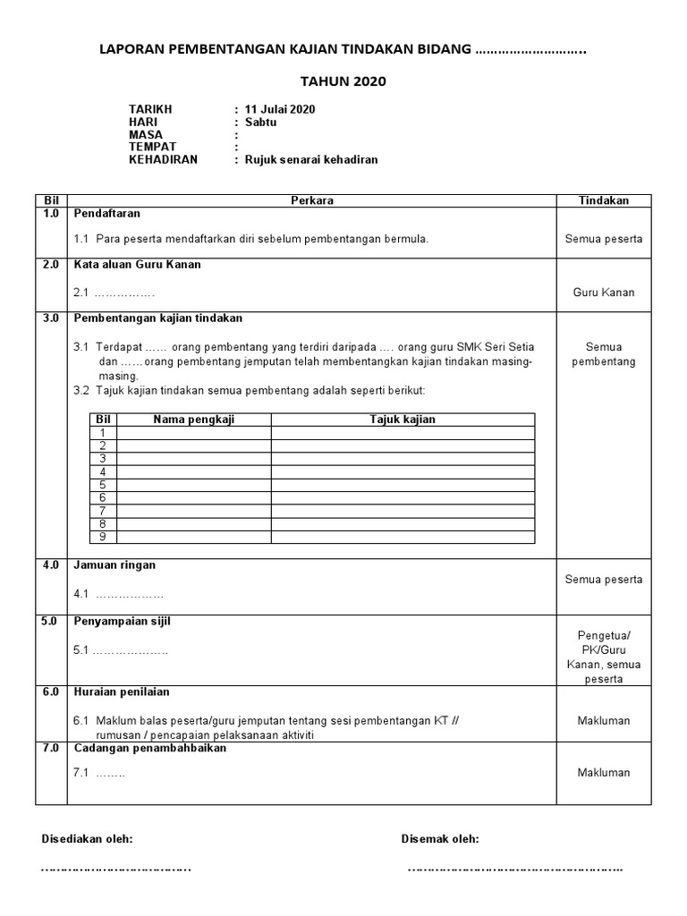 Format Laporan Pembentangan Kajian Tindakan Tahun 2020 | PDF