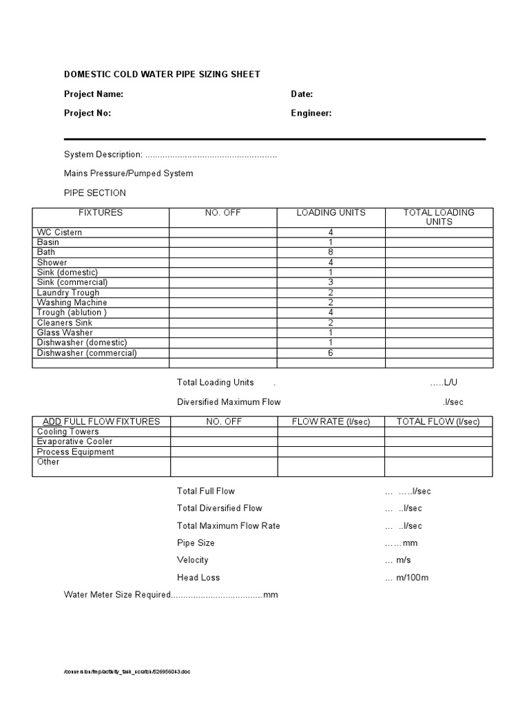 Domestic Cold Water Pipe Sizing Sheet Project Name: Date: Project No ...