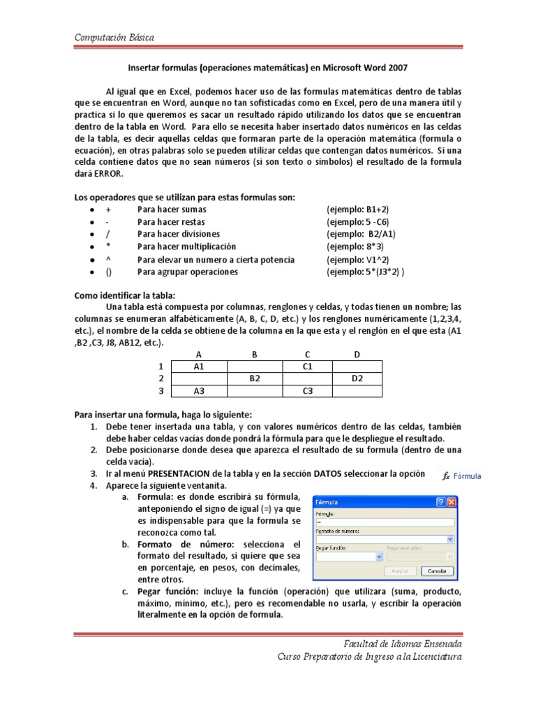 Formulas en Word Preparatorio | PDF | Fórmula | Microsoft Excel