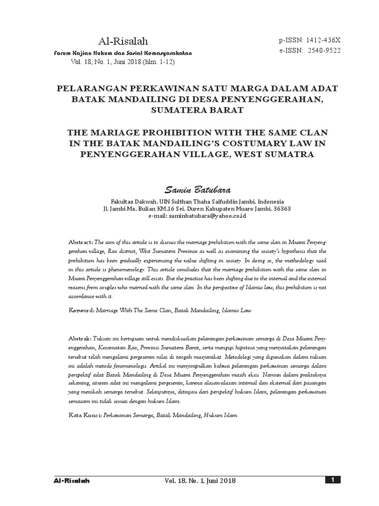Pelarangan Perkawinan Satu Marga Dalam Adat Batak Mandailing | PDF Pelarangan Perkawinan Satu Marga Dalam Adat Batak Mandailing | PDF