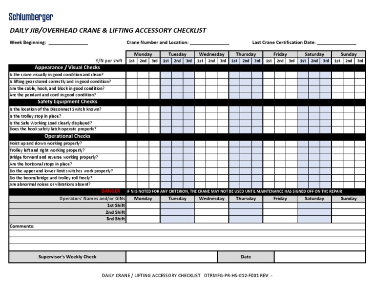 Schlumberger: Daily Jib/Overhead Crane & Lifting Accessory Checklist | PDF