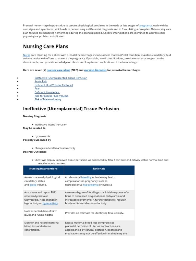 Nursing Care Plans: Ineffective (Uteroplacental) Tissue Perfusion | PDF | Fetus | Pregnancy