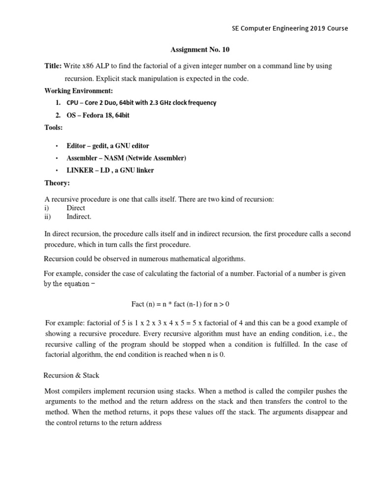 Assignment No. 10 Title: Write x86 ALP To Find The Factorial of A Given Integer Number On A ...