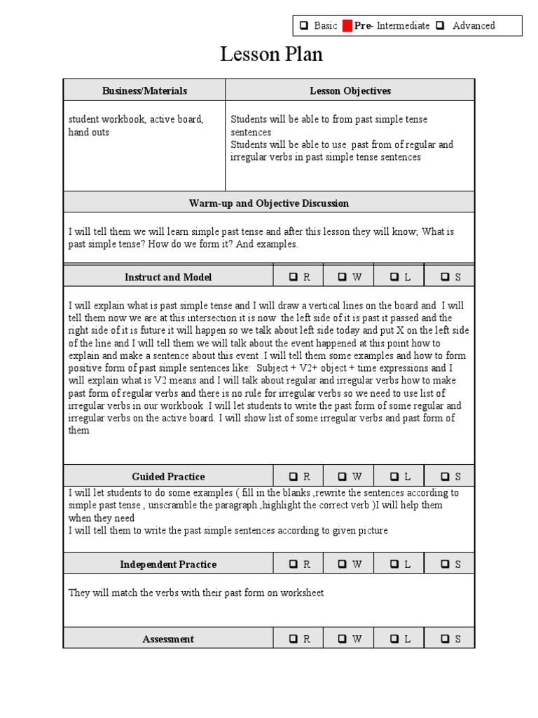 Lesson Plan: Pre-Intermediate Advanced | PDF | Grammatical Tense | Verb