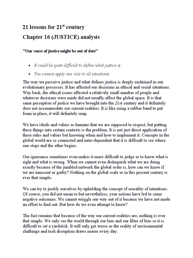 21 Lessons For 21 Century Chapter 16 (JUSTICE) Analysis: "Our Sense of ...