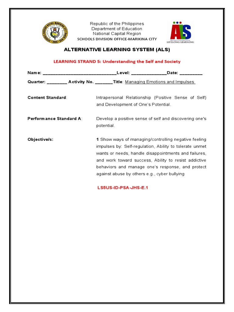 LS5 Managing Emotions and Impulses Activity Sheet | PDF | Cyberbullying ...