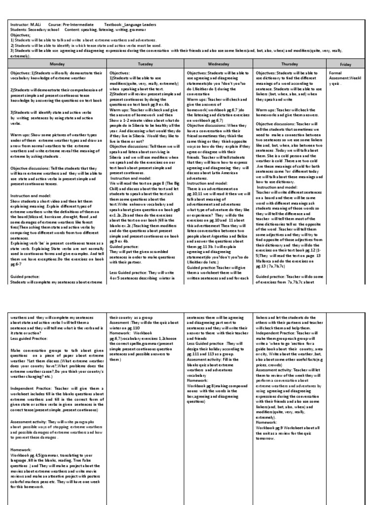 One Week Lesson Plan | PDF | Question | Verb