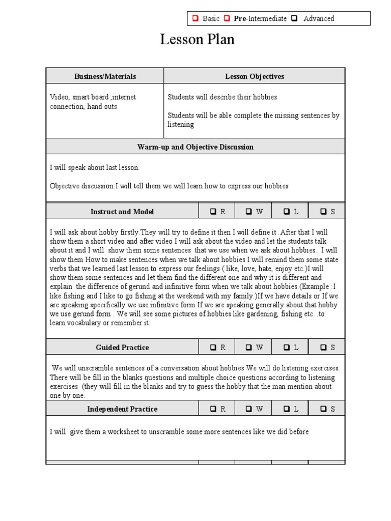 Speaking Lesson Plan V | PDF | Lesson Plan | Hobbies