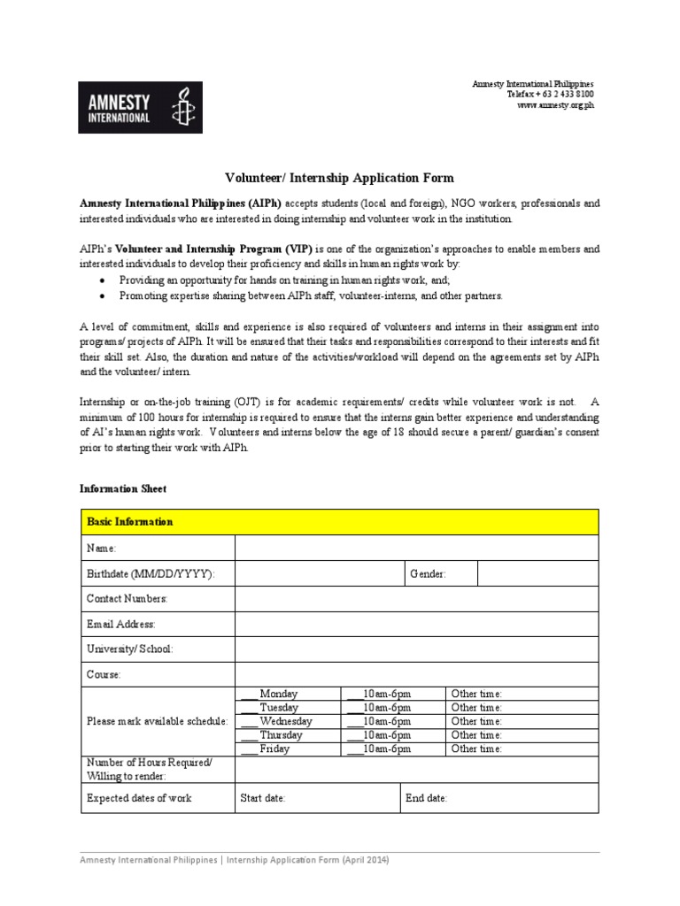 0 Volunteer Internship Application Form VApril2015 | PDF | Fluency | Internship