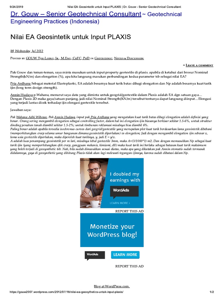 Nilai EA Geosintetik Untuk Input PLAXIS | PDF
