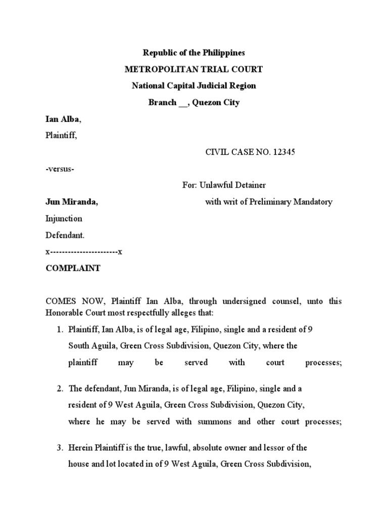 Complaint For Ejectment For June Miranda From Ian Alba | PDF | Lawsuit | Common Law