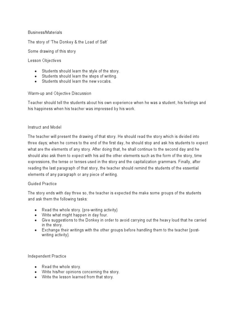 Lesson Plan The Story of The Donkey & The Load of Salt' | PDF