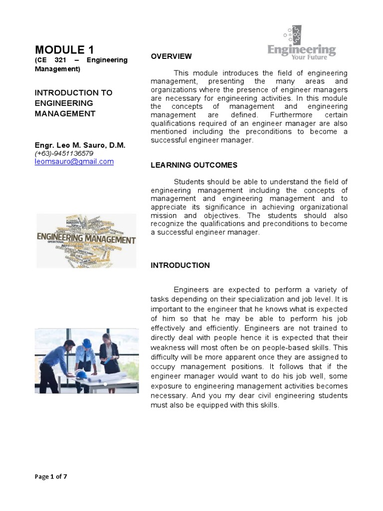 Introduction to Engineering Management: An Overview of the Functions ...