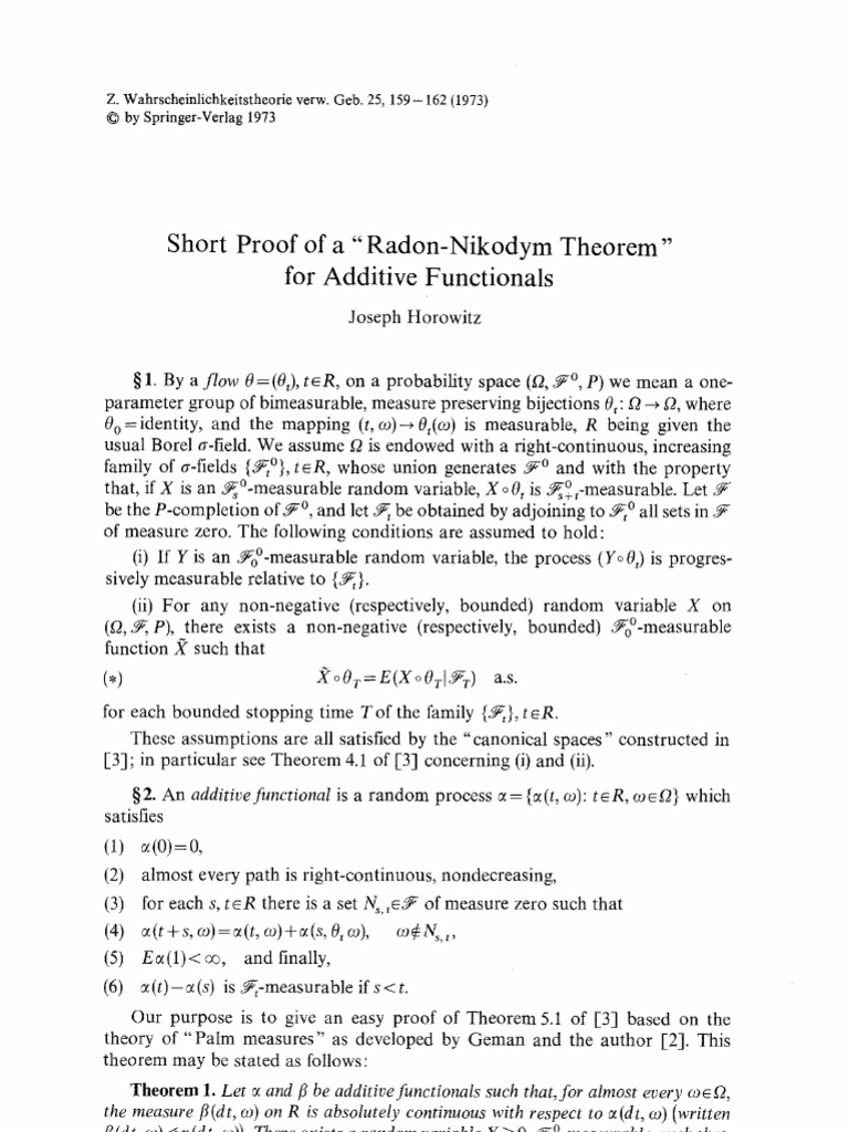 Short Proof Of A Radon Nikodym Theorem For Additive Functionals Pdf Measure Mathematics