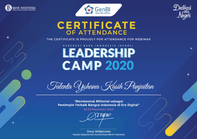 Sertifikat GenBI Leadership Camp 2020 - 5639 | PDF