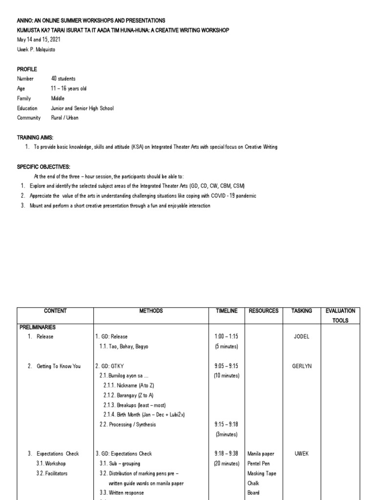 Integrated Theater Arts Workshop For Grade 10 - Planned Syllabus | PDF ...