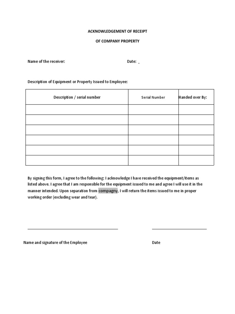 Acknowledgement of Receipt of Items-Equipment | PDF
