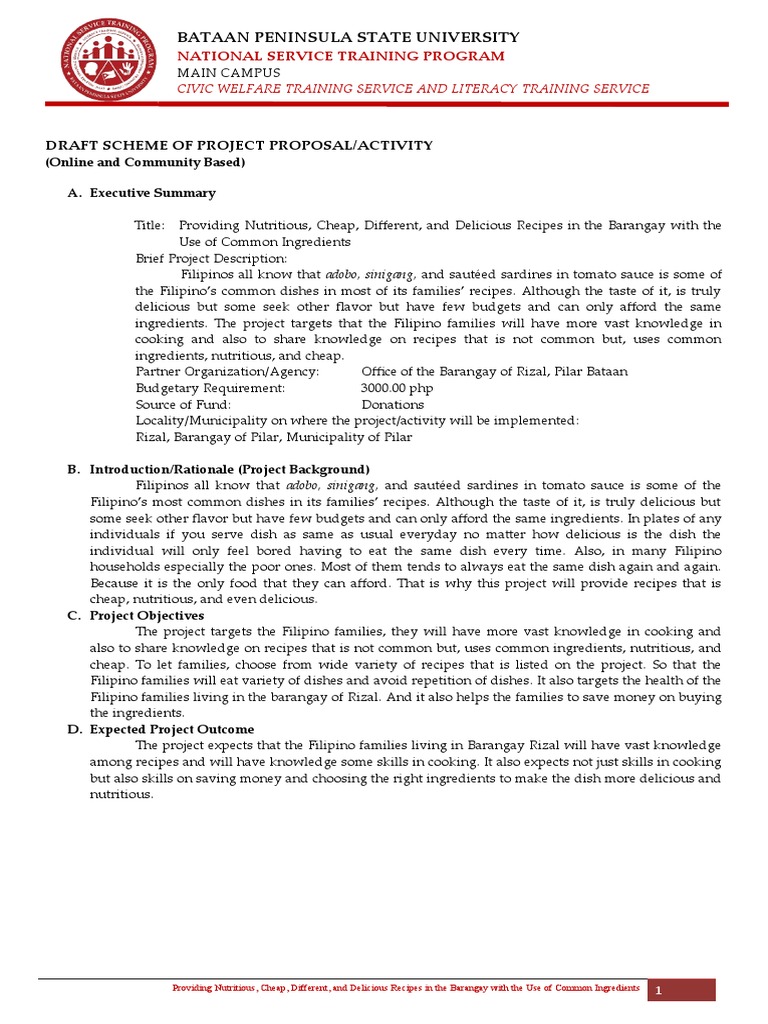 Draft Project Proposal Community Service | PDF | Recipe | Cooking