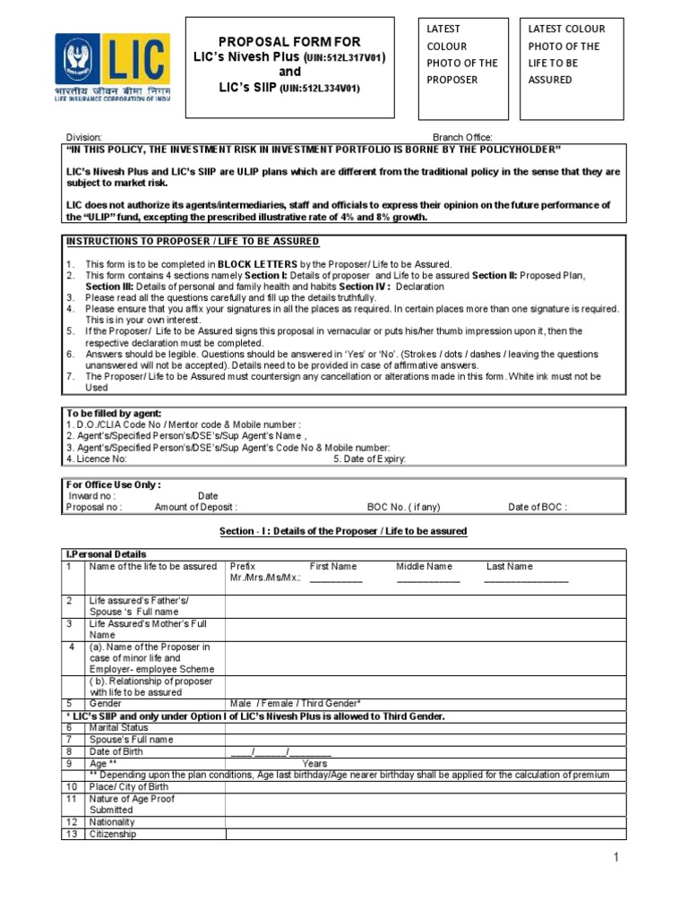 Proposal Form For LIC's Nivesh Plus and Lic'S Siip | PDF | Life ...