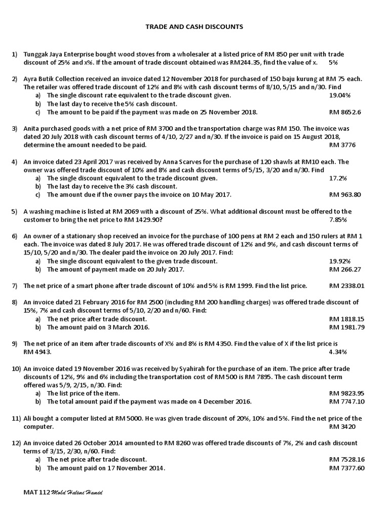 Trade and Cash Discount Calculations | PDF | Discounting | Discounts ...