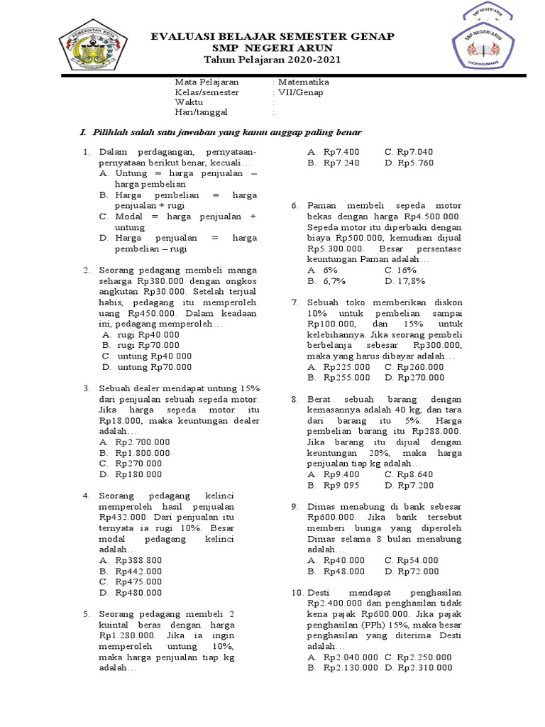 Soal Ujian Matematika Kls VII | PDF