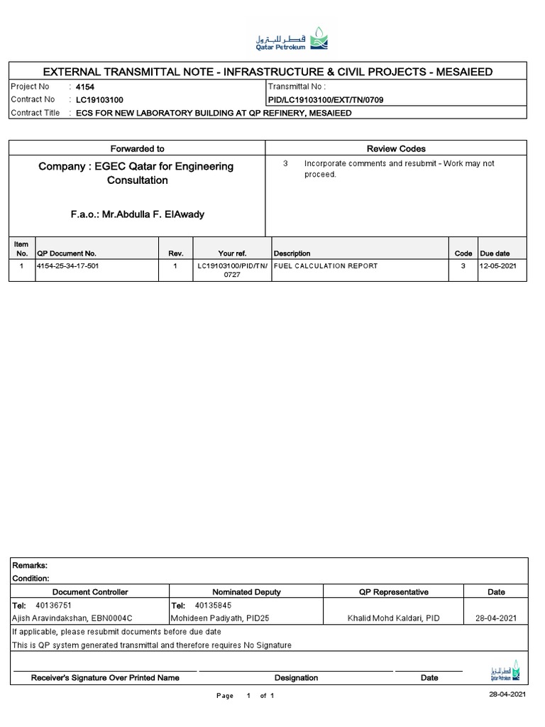 External Transmittal Note - Infrastructure & Civil Projects - Mesaieed | PDF | Nature | Energy ...
