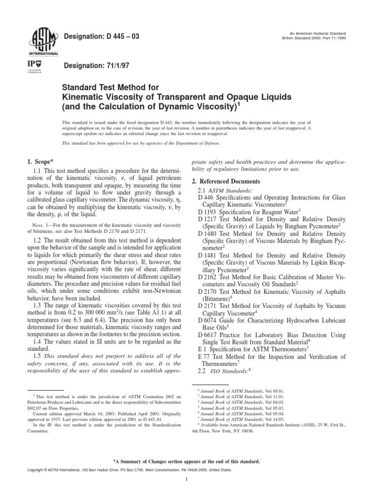 Astm D 445 - 03 | PDF | Viscosity | Calibration