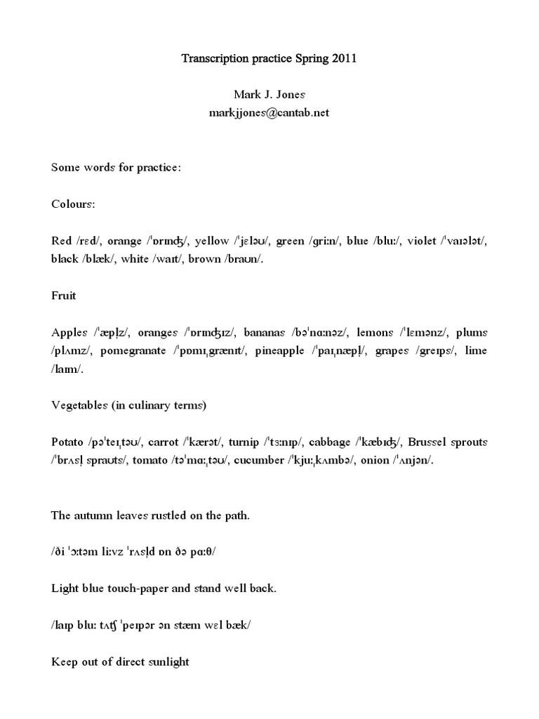 Sentences For Transcription Practice - ANSWERS - CAM | PDF