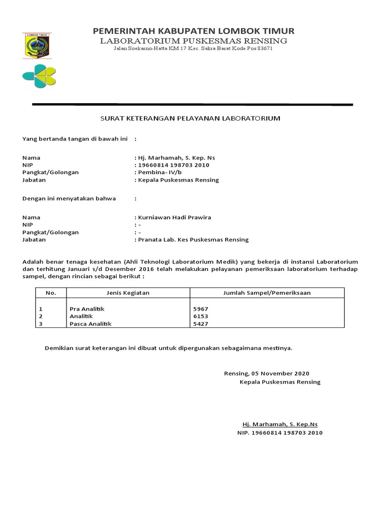 Surat Keterangan Pelayanan Laboratorium | PDF