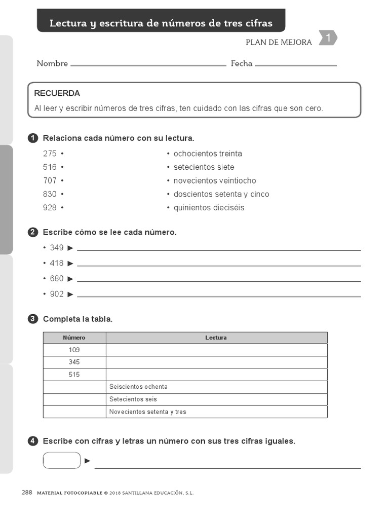 Lectura y Escritura Numeros 3 Cifras | PDF