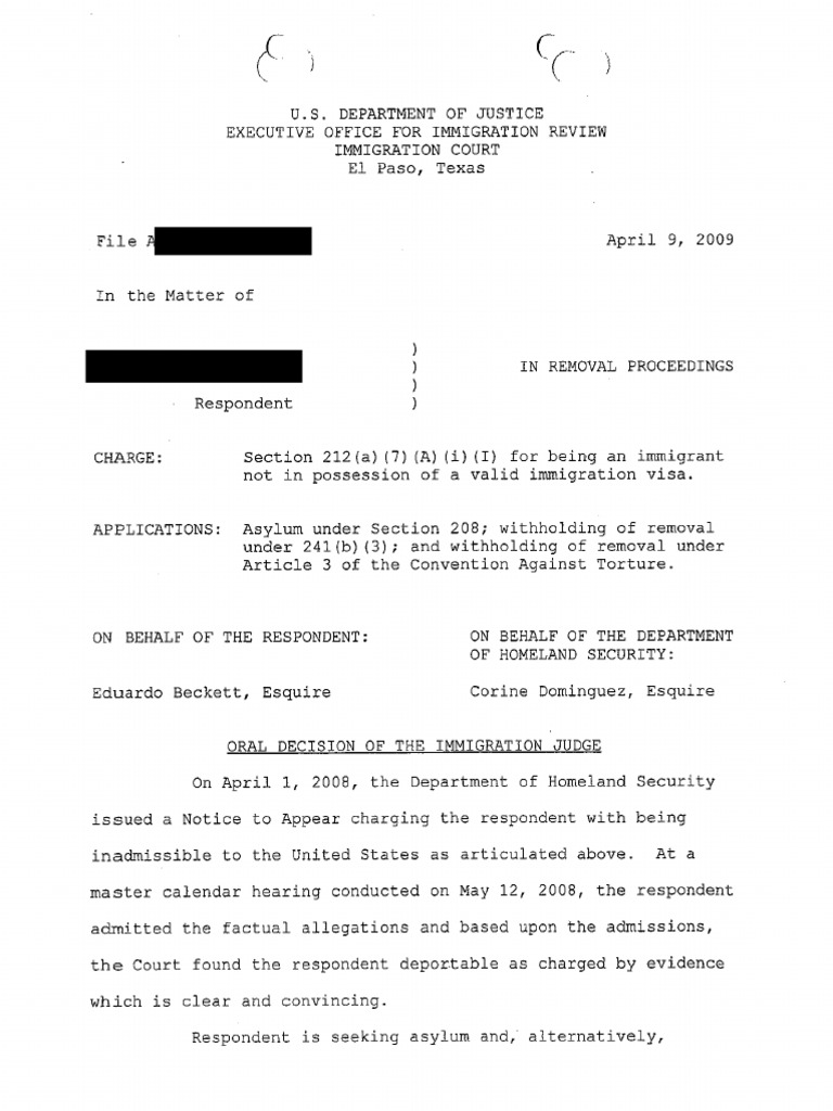 Immigration Judge William Abbott Decision in 2009 Asylum Case | PDF