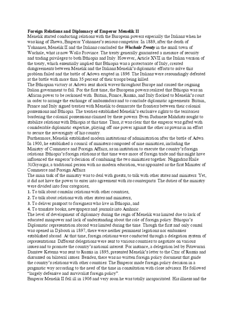 Foreign Relations and Diplomacy of Emperor Menelik II | PDF | Diplomacy ...