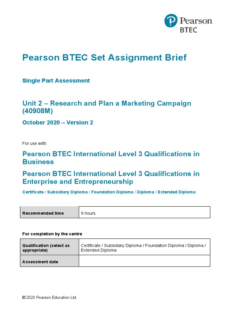 Pearson BTEC Set Assignment Brief: Unit 2 - Research and Plan A ...