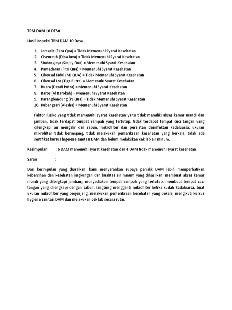Inspeksi Kesehatan DAM dan Pasar 10 Desa | PDF | Sains & Matematika ...